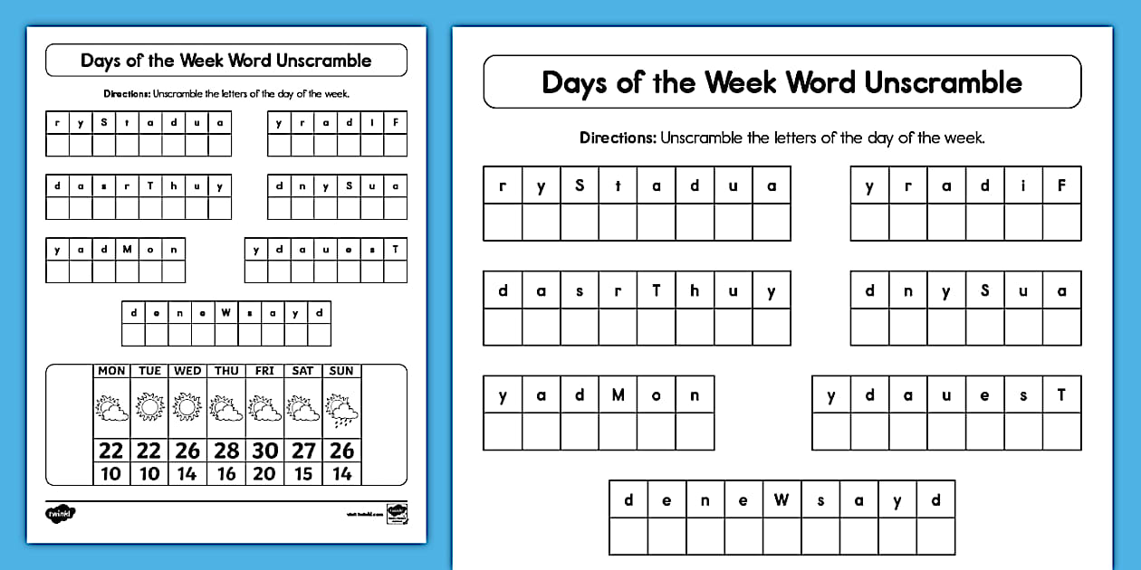 Second Grade Days of the Week Word Unscramble Worksheet