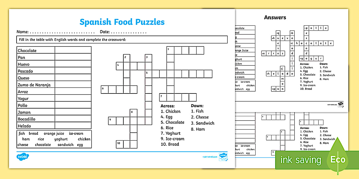 Spanish Food Fill In and Crossword Worksheet - Twinkl