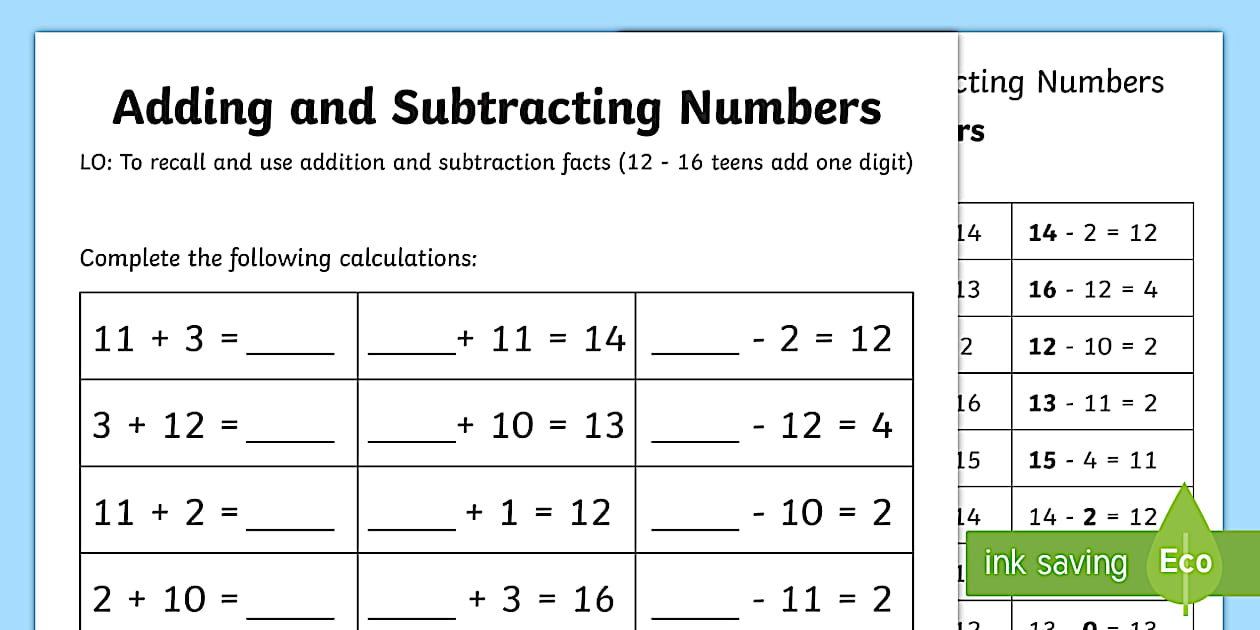 Number Facts Worksheet 12-16 Teens Add One Digit - Twinkl