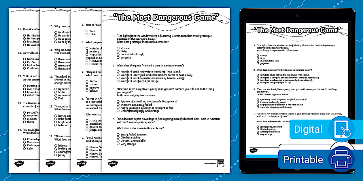 Seventh Grade The Most Dangerous Game Quiz (teacher made)