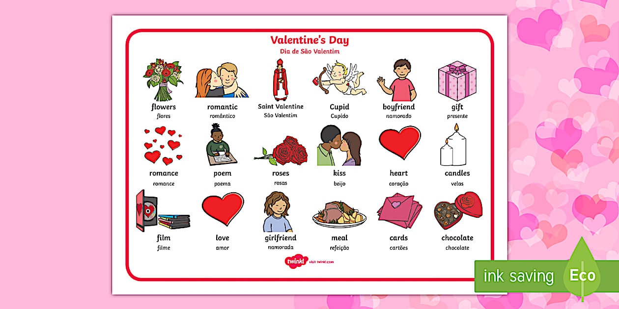 Valentine's Day Word Mat English/Portuguese - Valentines Day Word Mat