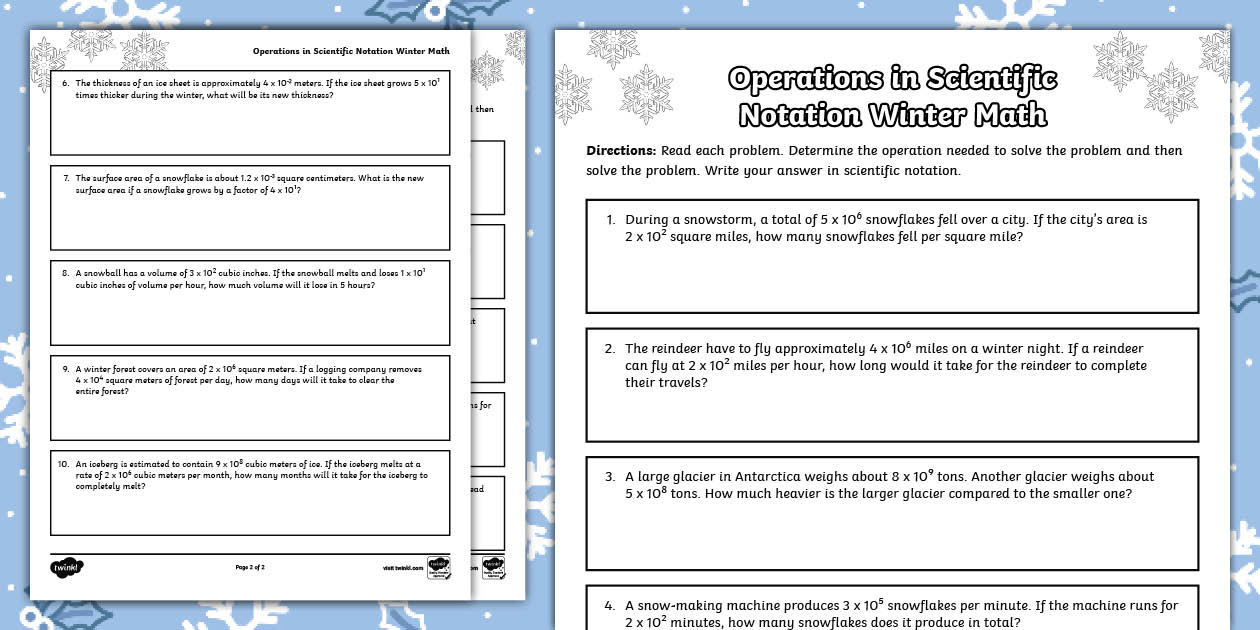 Eighth Grade Operations in Scientific Notation Winter Math Problems