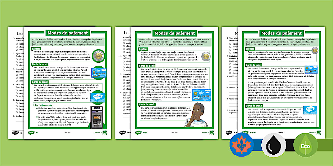 Methods of Payment Reading Comprehension French - Twinkl