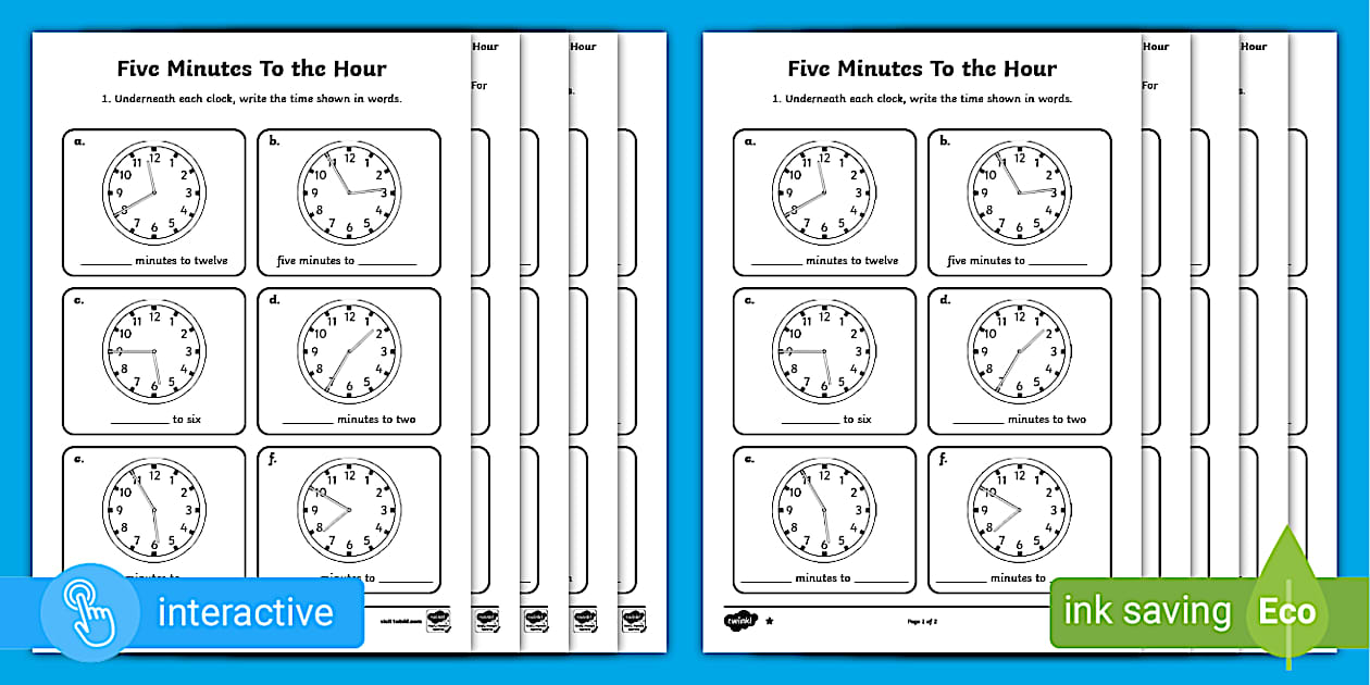 Telling the Time 5 Minute Intervals Worksheet - Twinkl
