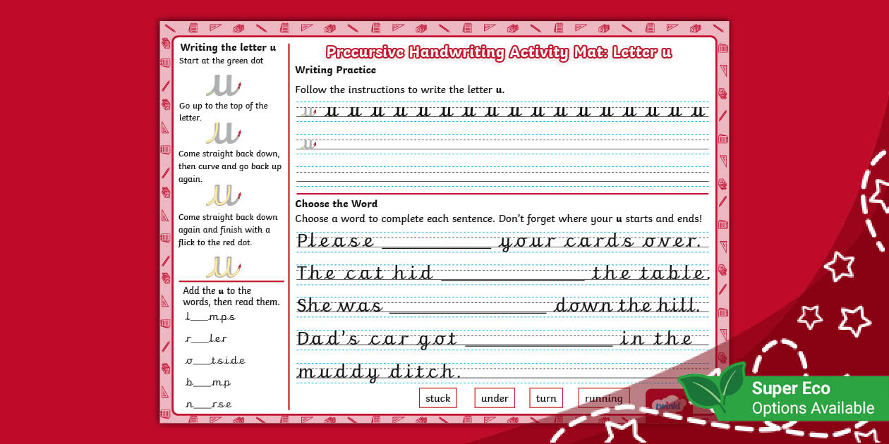 Precursive Handwriting Activity Mat: Letter u