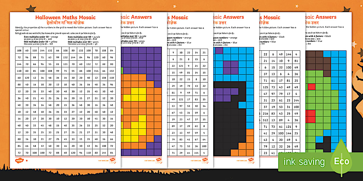UKS2 Halloween Maths Mosaic Differentiated Worksheets - English / Hindi ...