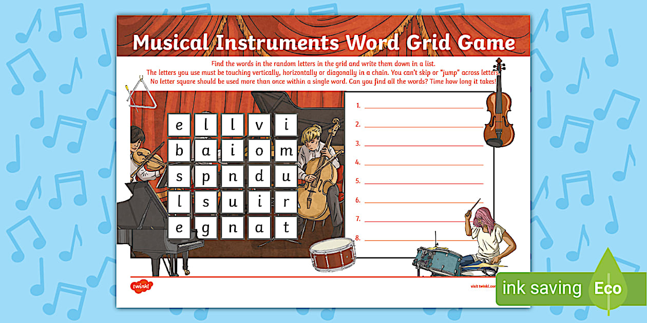 Musical Instruments Word Grid Game | Make Music Day - Twinkl