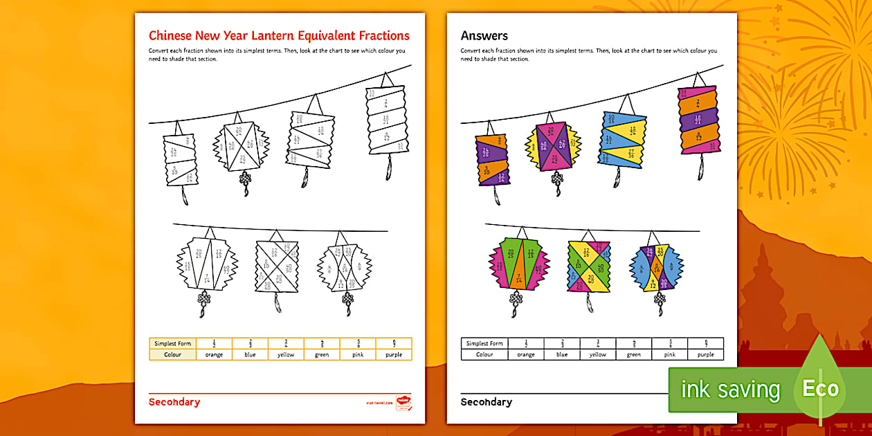 Chinese New Year Lantern Equivalent Fractions Colouring Worksheet ...