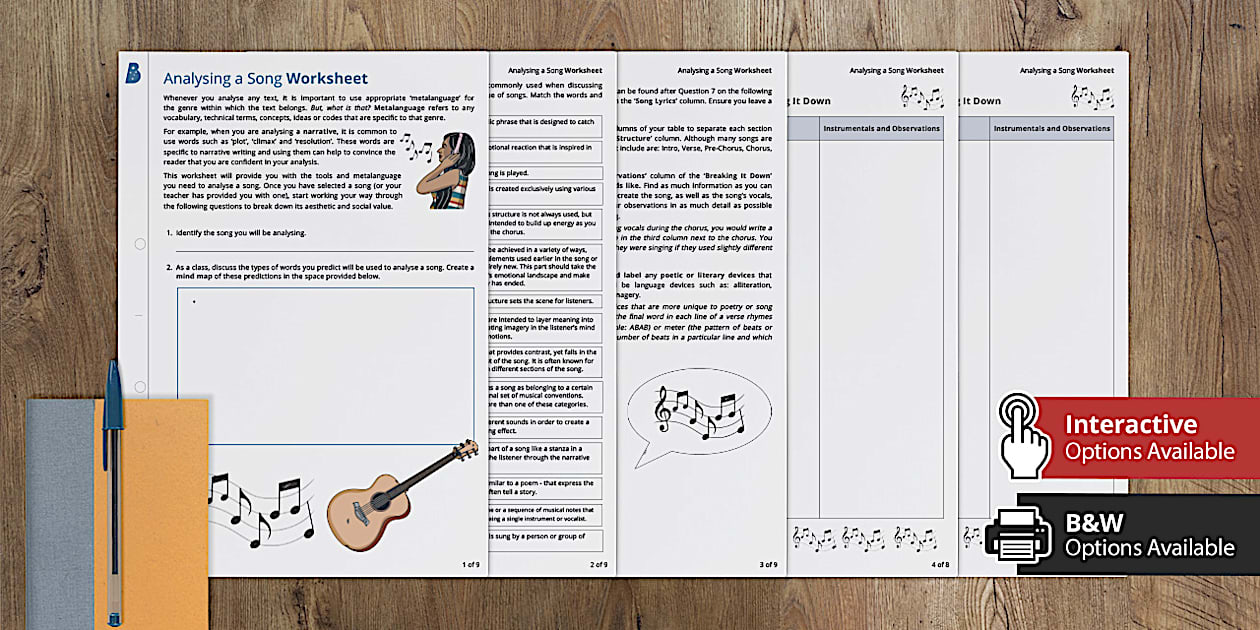 Analysing a Song Worksheet (teacher made) - Twinkl