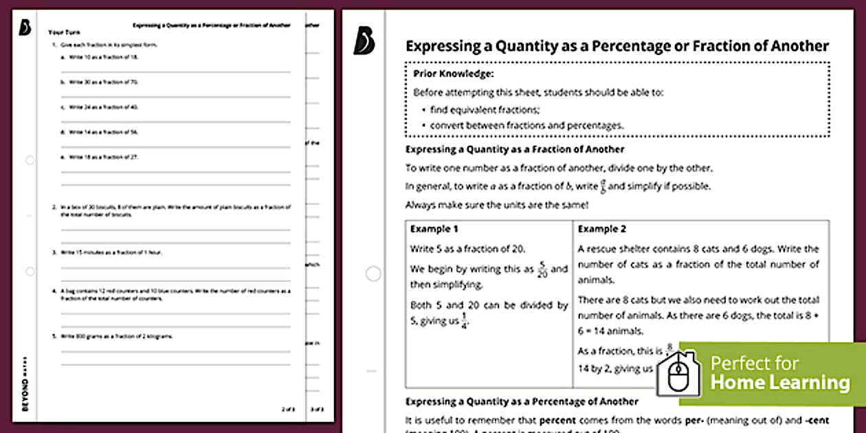 👉 Expressing a Quantity as a Fraction or Percentage of Another