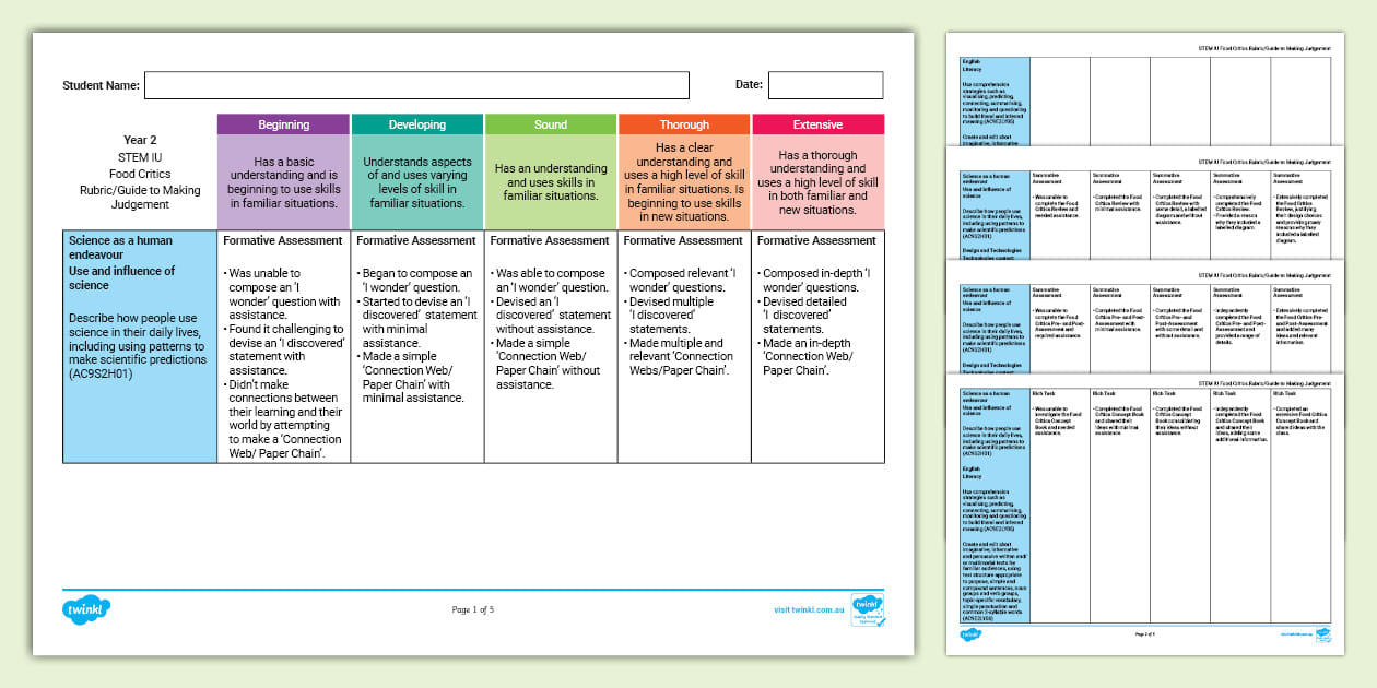 STEM IU Yr 2 Food Critics Assessment Rubric (teacher made)