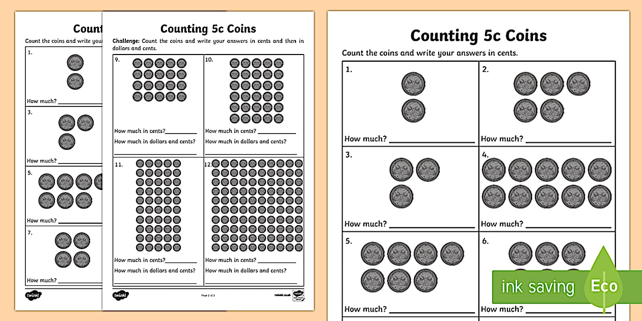 SA Counting 5c Coins Worksheet (teacher made) - Twinkl