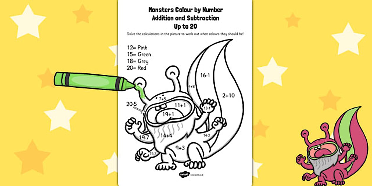Editable Monsters Colour by Number Addition and Subtraction Up to 20