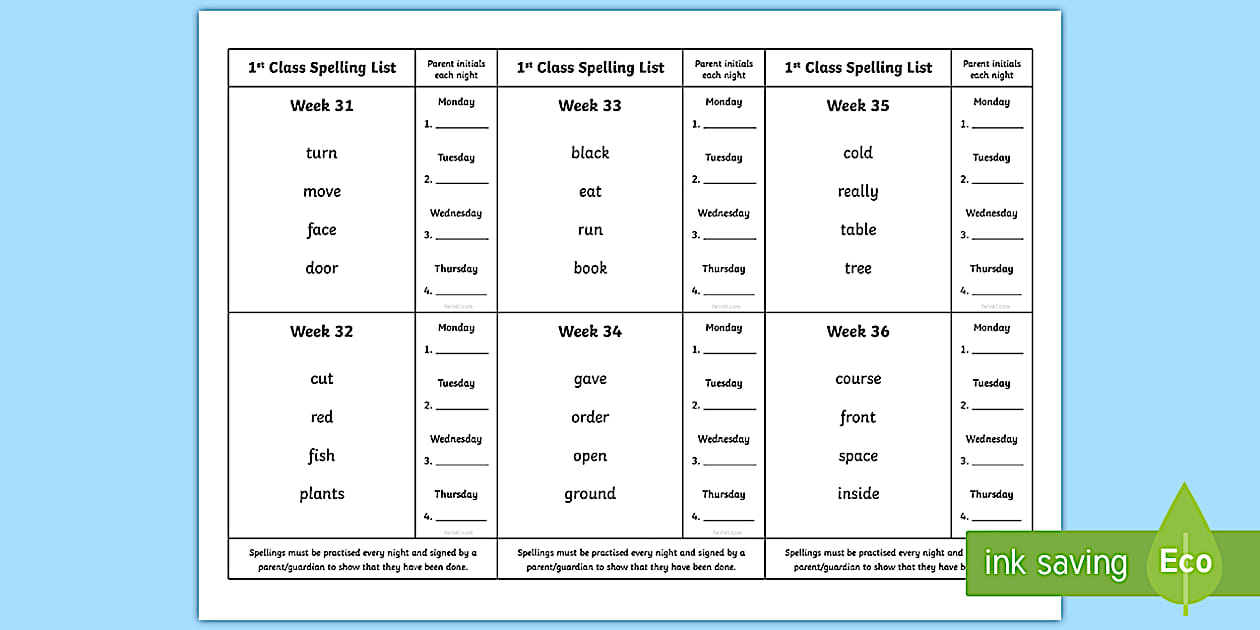 First Class Spelling Sheets Weeks 31-36 Cards (Teacher-Made)
