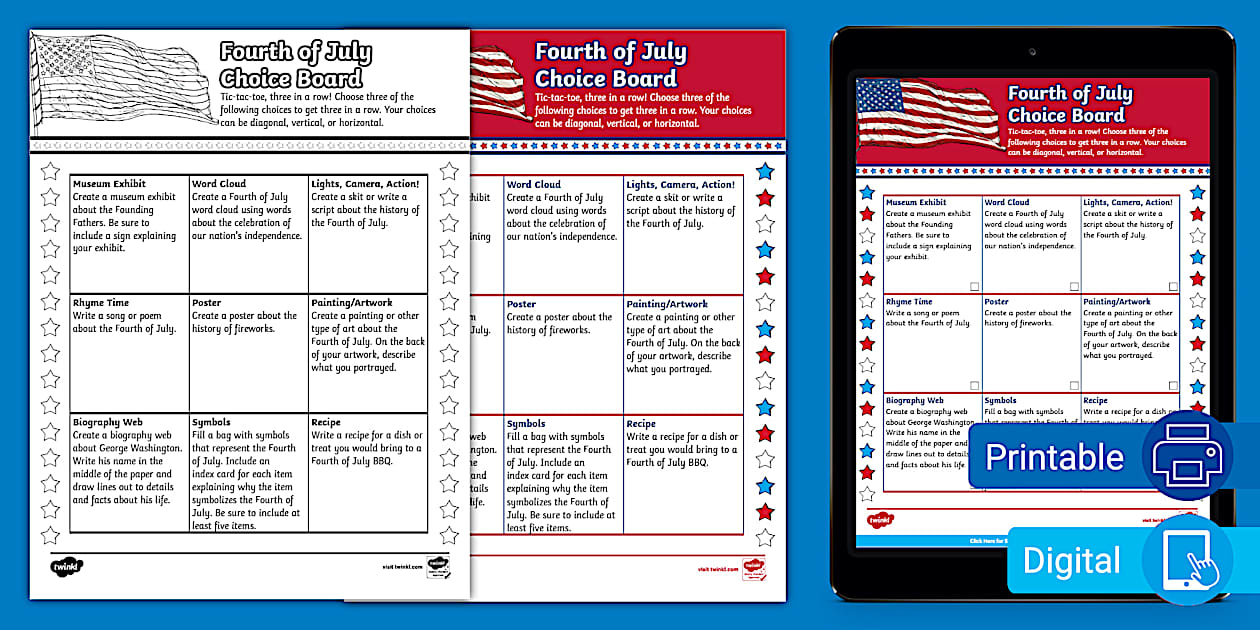 4th of July Choice Board for 6th-8th Grade | Twinkl USA