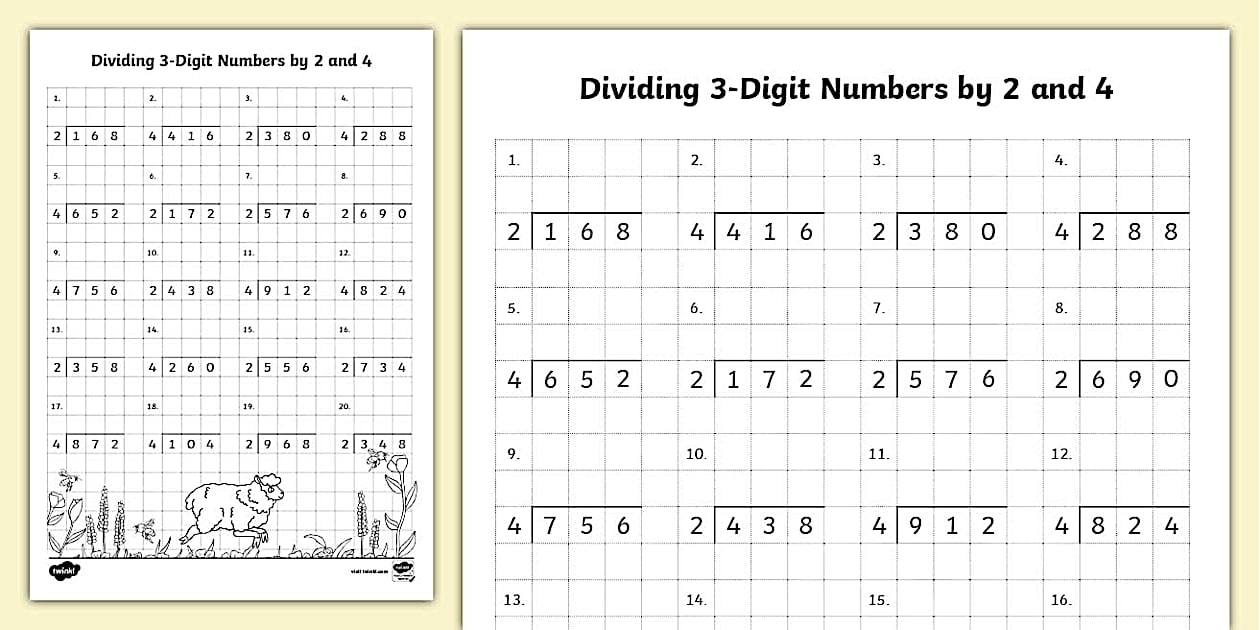 Spring-Themed Dividing 3-Digit Numbers by 2 and 4 Activity Sheet
