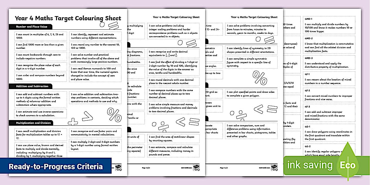 2014 National Curriculum Year 4 Maths Target Colouring Sheet - numeracy