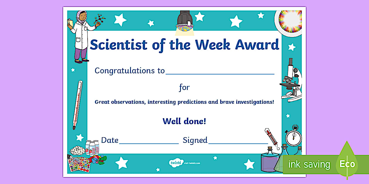 Editable Scientist of the Week Certificate (Lehrer gemacht)