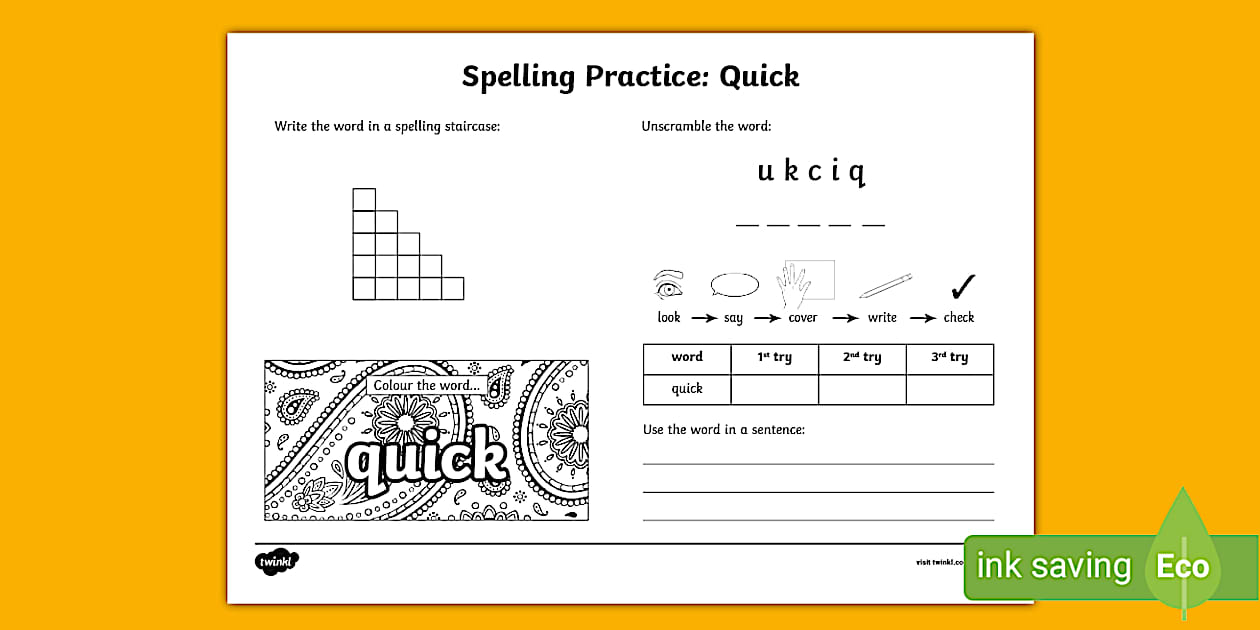 Quick Spelling Practice Worksheet (Teacher-Made) - Twinkl