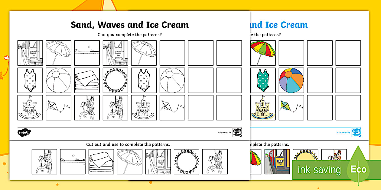 Sand, Waves and Ice Cream Complete the Patterns Worksheet / Worksheet