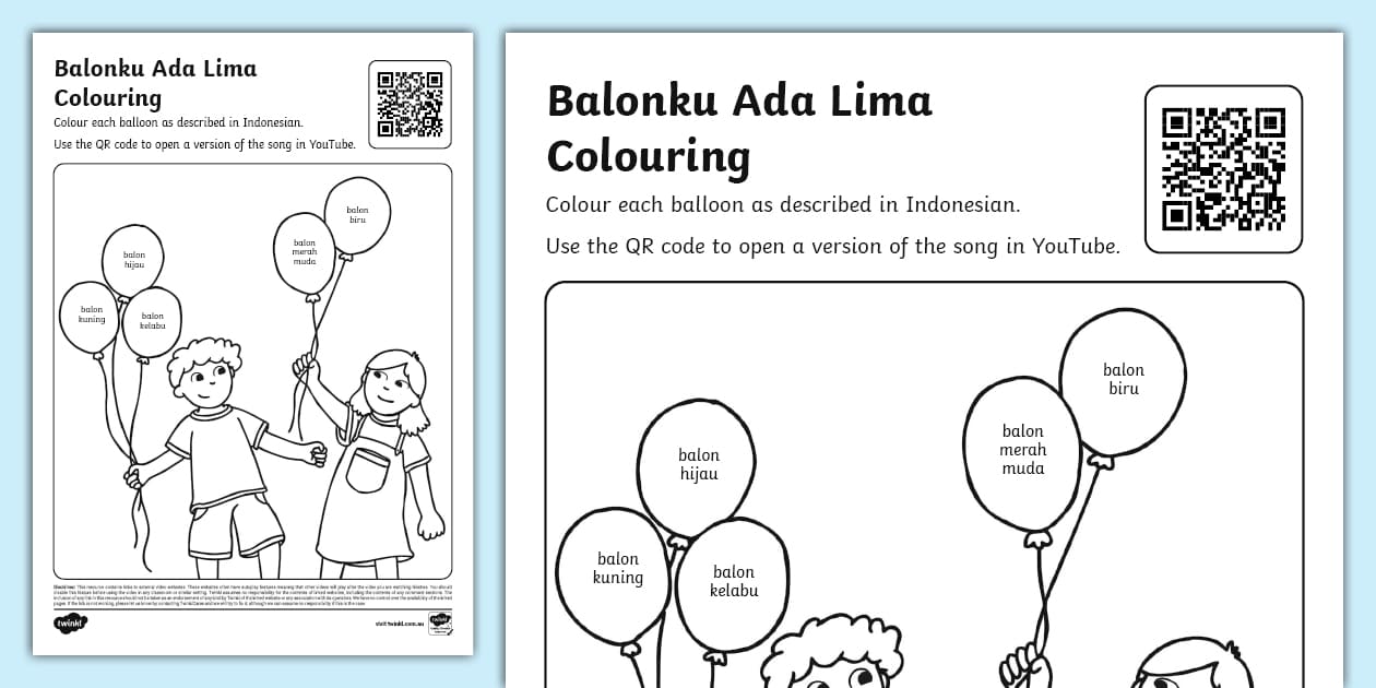 Indonesian Song Balonku Ada Lima Colouring - Twinkl