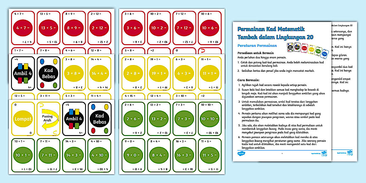 Permainan Kad Matematik Tahun 1 - Tambah dalam Lingkungan 20
