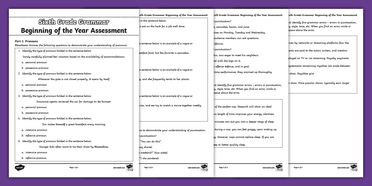 Sixth Grade Beginning of the Year ELA Grammar Assessment