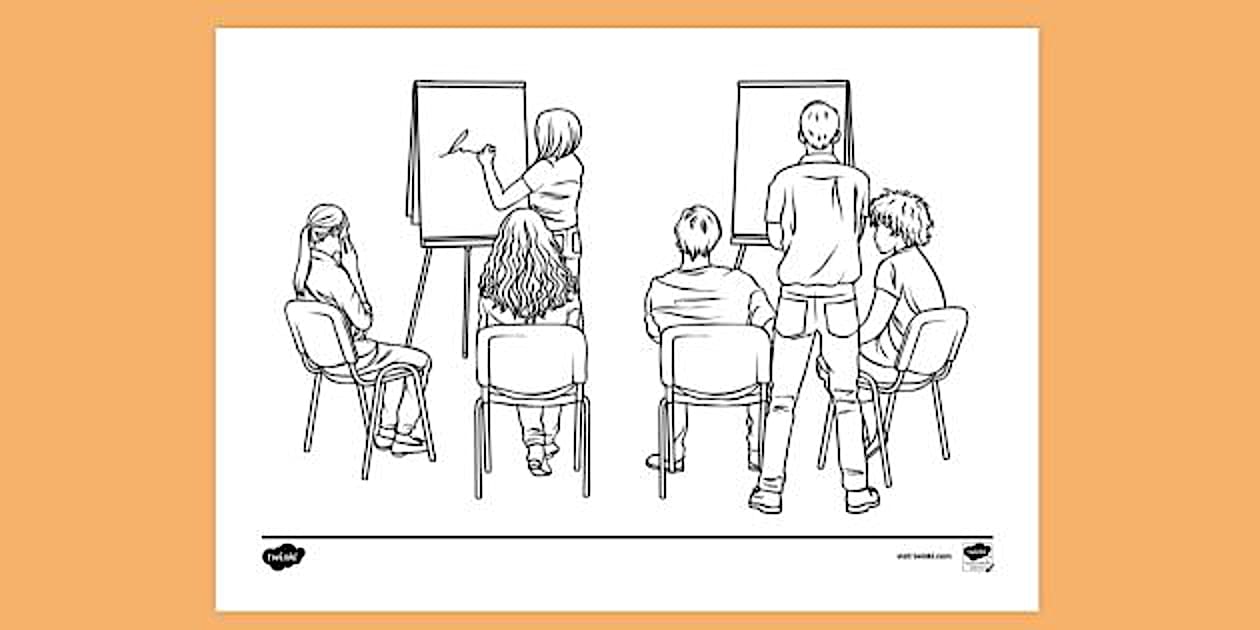 Student Writing on a Flipchart at Meeting Colouring Sheet