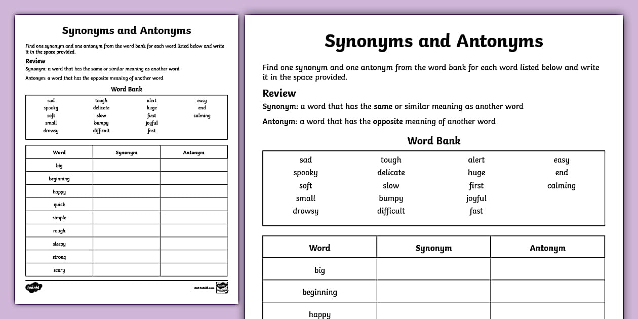 Synonym and Antonym Practice Activity Worksheet for 6th-8th Grade