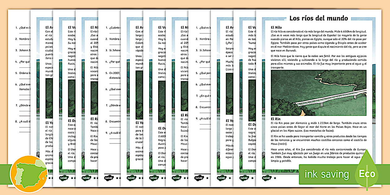 Editable Comprensión lectora por niveles: Los ríos del mundo