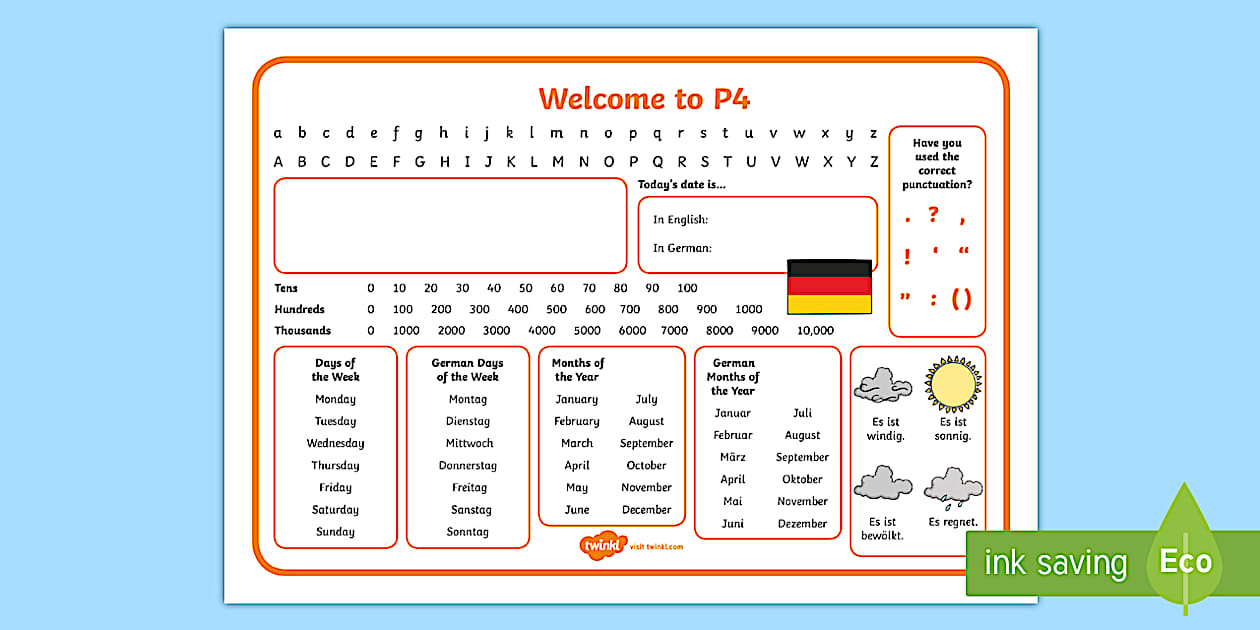 Editable Welcome to P4 (with German) Desk Mat (teacher made)