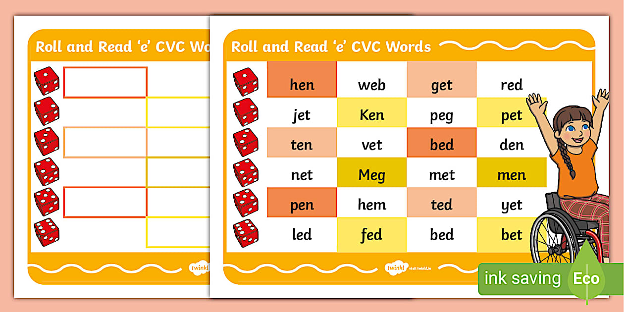 Roll and Read 'e' CVC Words Mat (teacher made) - Twinkl