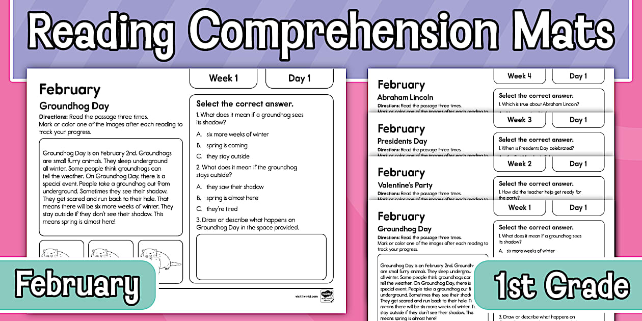 First Grade February Daily Reading Comprehension Mats