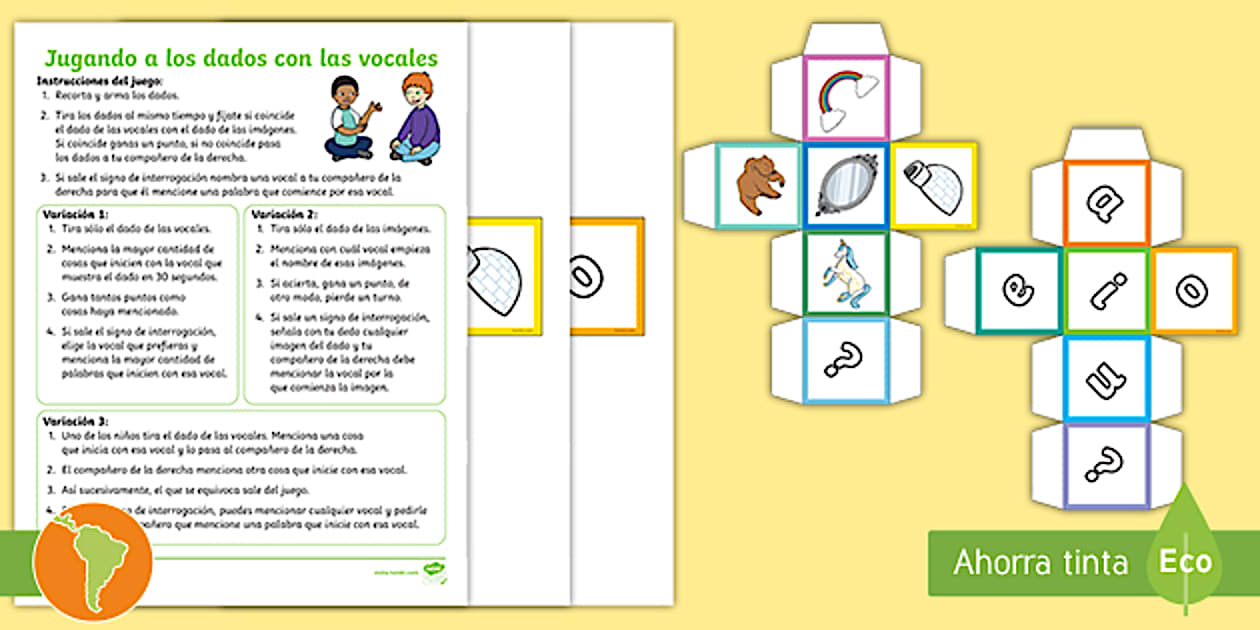 Juego: Dados con las vocales- Guía de trabajo - Twinkl