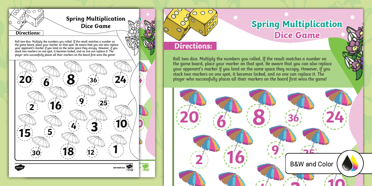 Spring Multiplication Dice Game for 3rd-5th Grade - Twinkl