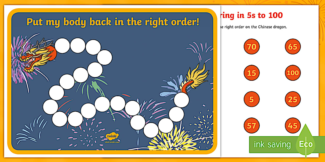 Chinese Dragon Ordering in 5s to 100 Worksheet - Twinkl
