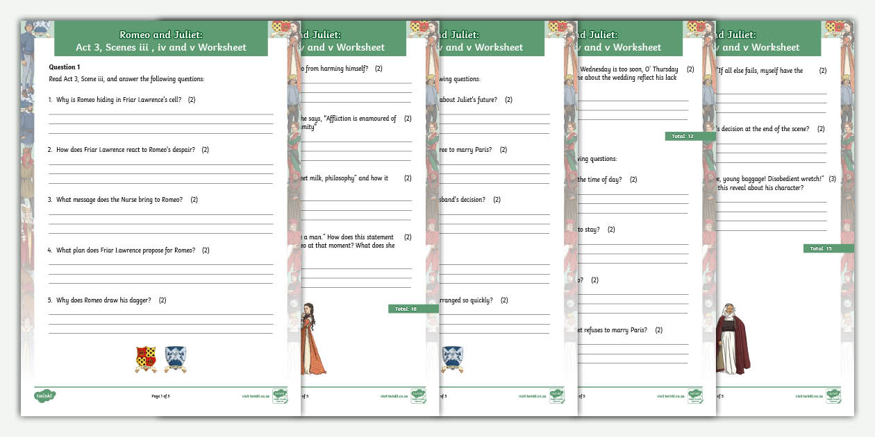 Romeo and Juliet: Act 3, Scenes iii, iv and v Worksheet