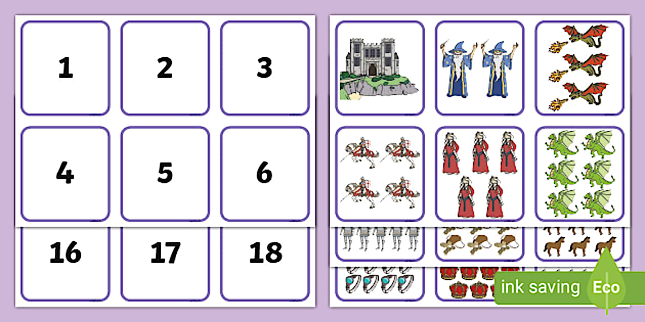 Knights and Castles Themed 1-20 Number and Quantity Matching Cards ...