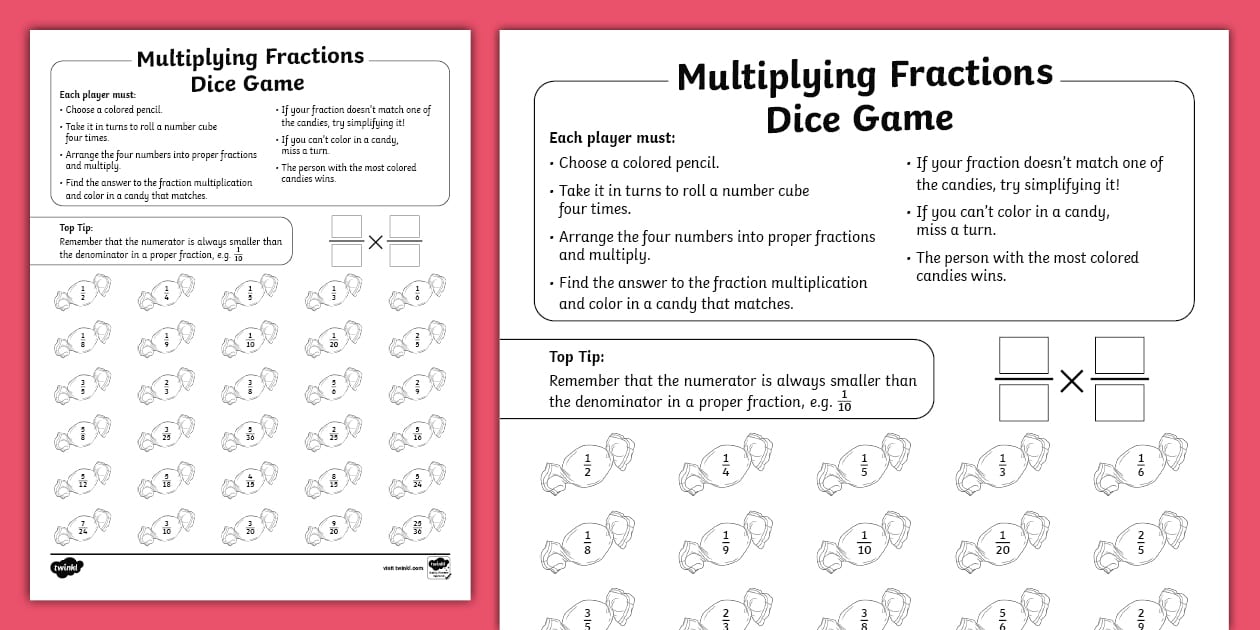 Seventh Grade Multiplying Fractions Number Cube Game