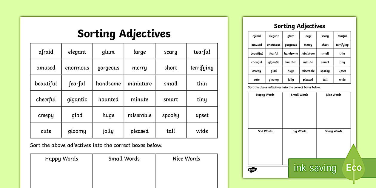 Sorting adjectives worksheet | Easy to print | Twinkl