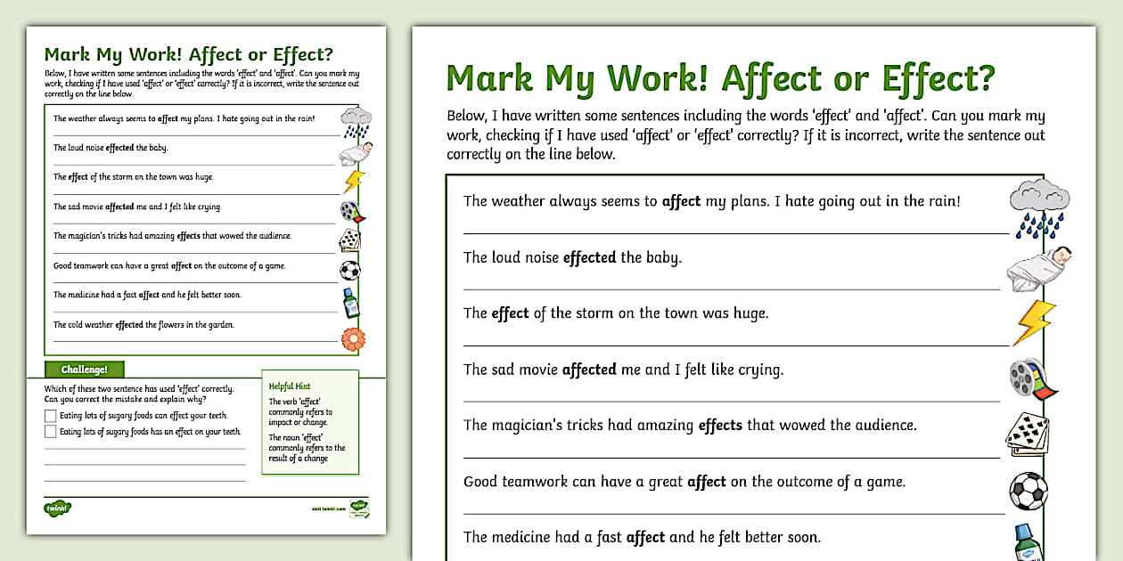 * NEW * Mark My Work! Affect or Effect Worksheet - Twinkl