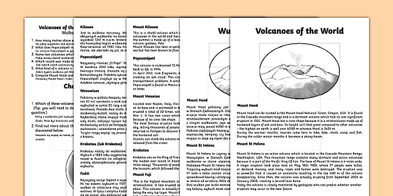 World Volcanoes Comprehension Worksheet / Worksheets English/Polish - World