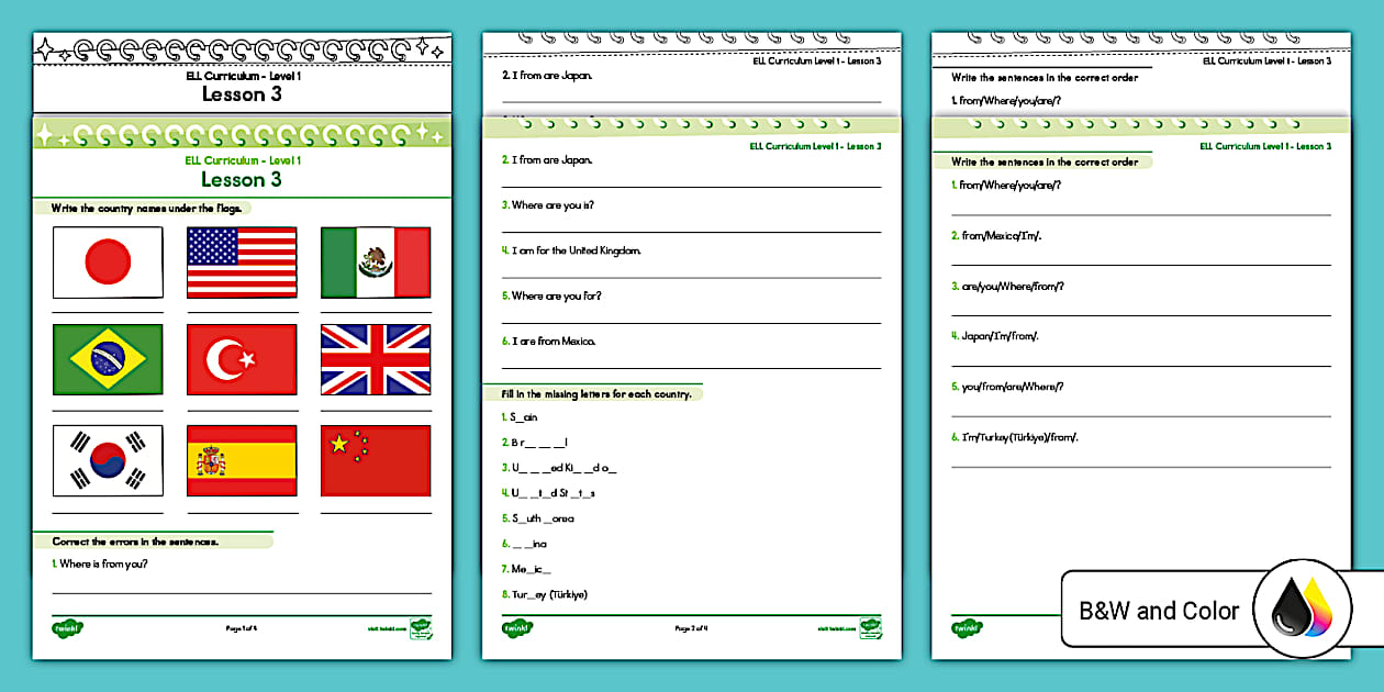 ELL Curriculum: Level 1, Lesson 3 Worksheet (teacher made)