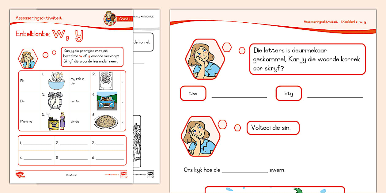 Graad 1 Klanke Assessering w, y (teacher made) - Twinkl