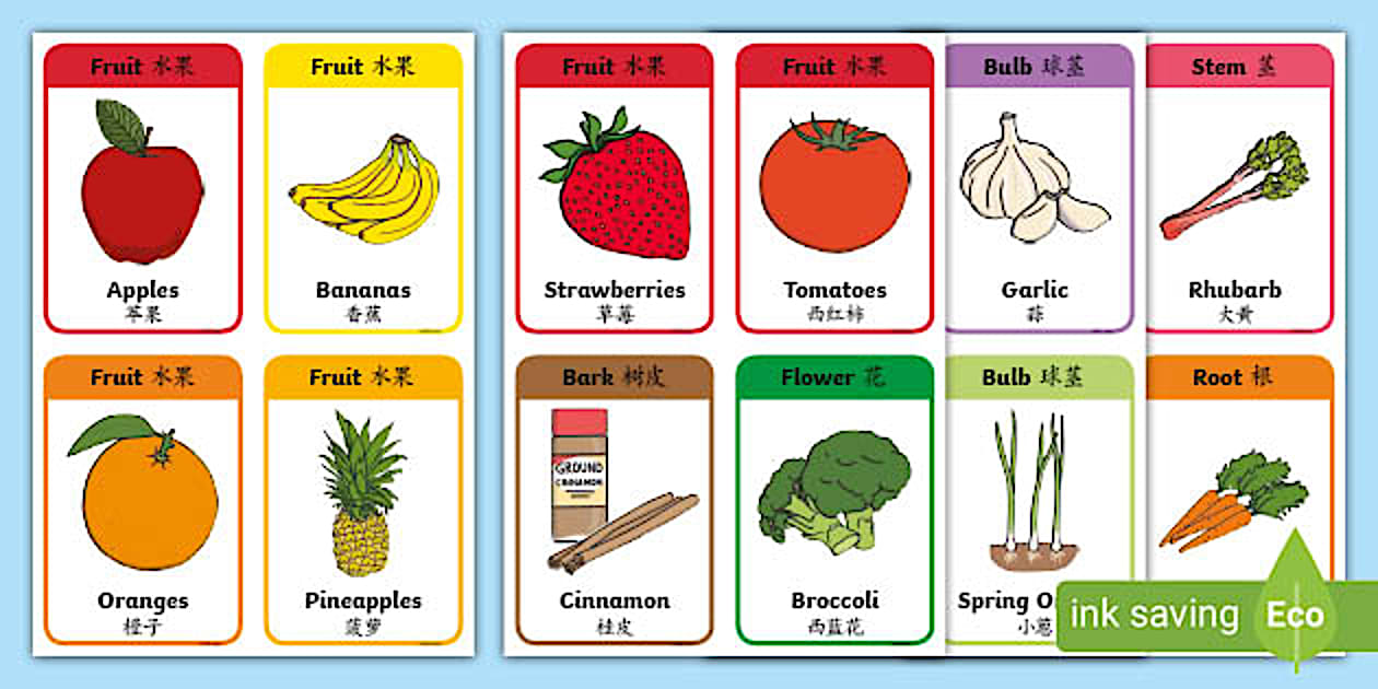 Plant Parts We Eat Flashcards - English/Mandarin Chinese