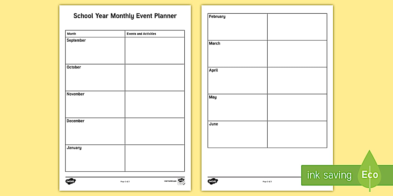 School Yearly Monthly Events Planning Template
