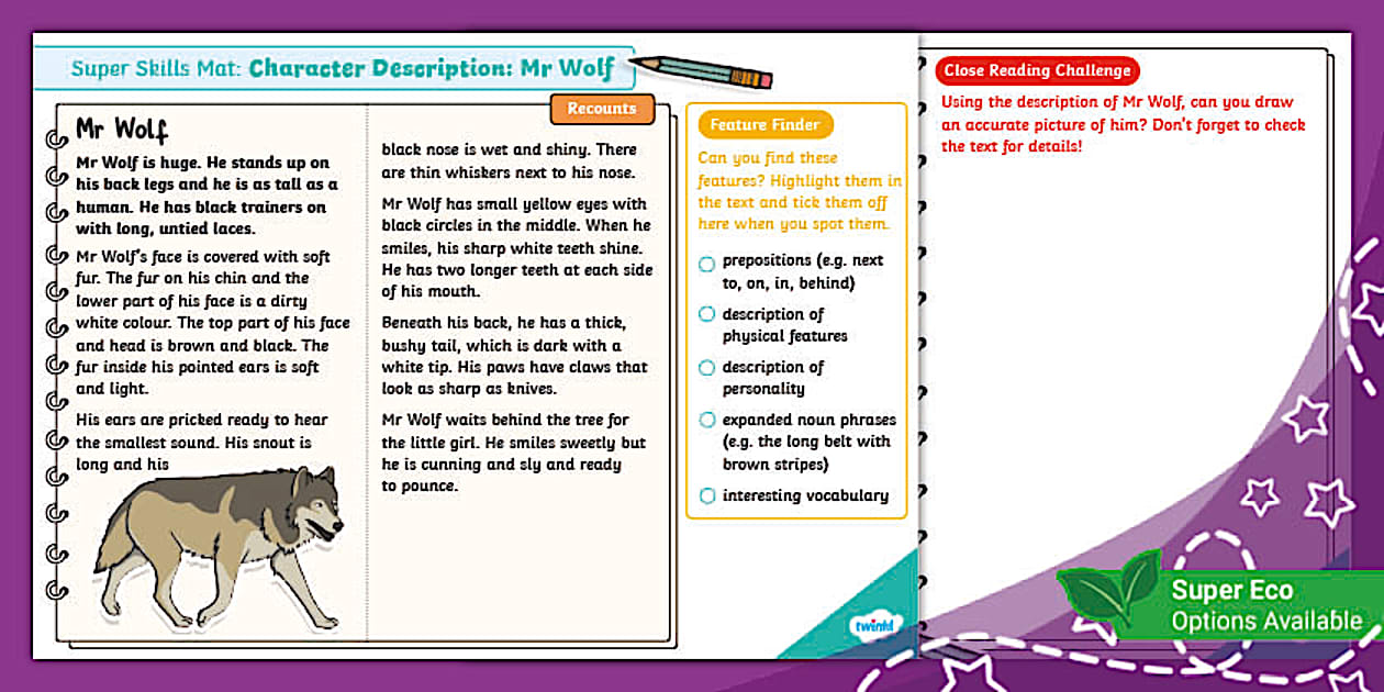 Super Skills Mat: Character Description: The Wolf - Twinkl