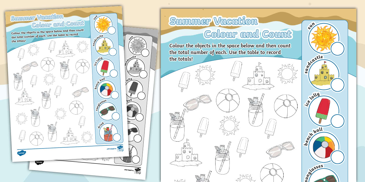Summer Vacation Colour and Count Worksheet (Teacher-Made)