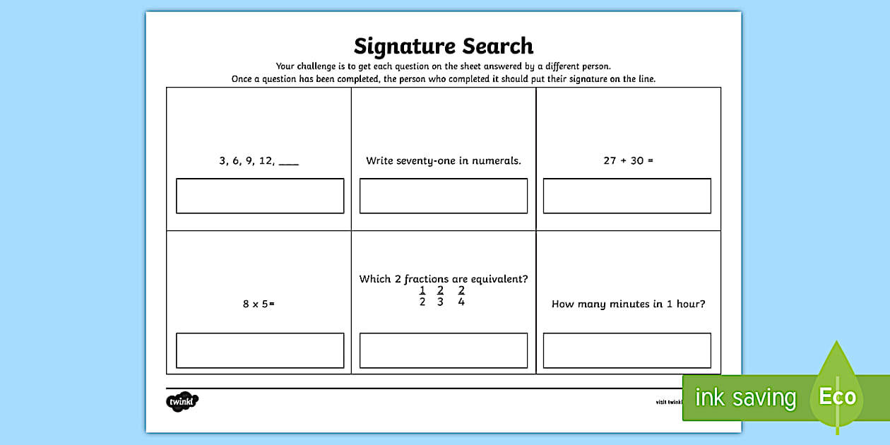 Year 2 Signature Search Maths Worksheet / Worksheet - Twinkl