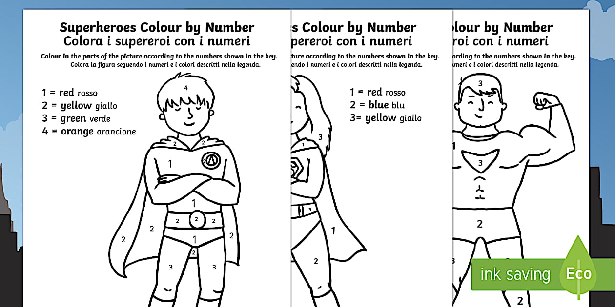 Superheroes Color by Number English/Italian - Superheroes Color by Number